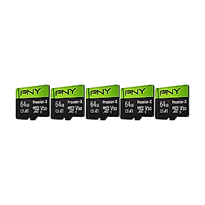 PNY 64GB Premier-X Class 10 U3 V30 microSDXC Flash Memory Card 5-Pack - 100MB/s, Class 10, U3, V30, A1, 4K UHD, Full HD, UHS-I, micro SD