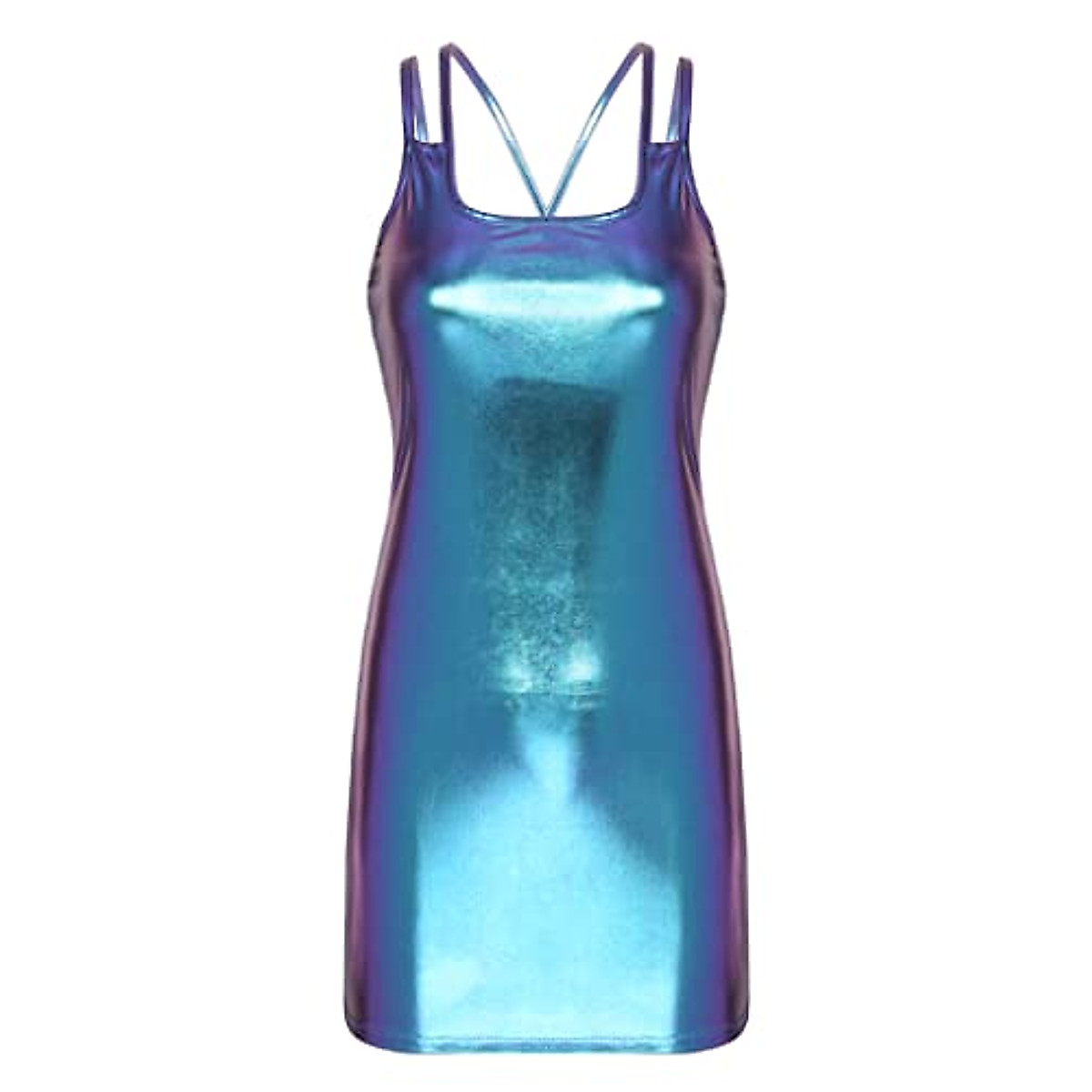 Loloda Women's Sexy Latex Stretchy Bodycon Wrap Dress Sleeveless Mini Club Party Dresses Shiny Blue Small