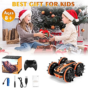 Qinycon Amphibious RC Car Remote Control Boat for Kids, 4WD 2.4Ghz 2 in 1 RC Stunt Car with 360° Flips, Double Sided Rotating RC Cars Toy for 5-12 Year Old Boys & Girls