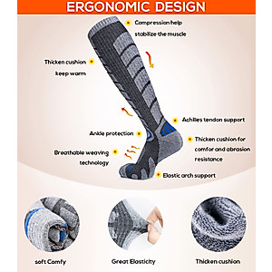 WEIERYA Merino Wool Ski Socks 2 Pairs Pack for Skiing, Snowboarding, Outdoor Sports Performance Socks Grey 2 Pairs L