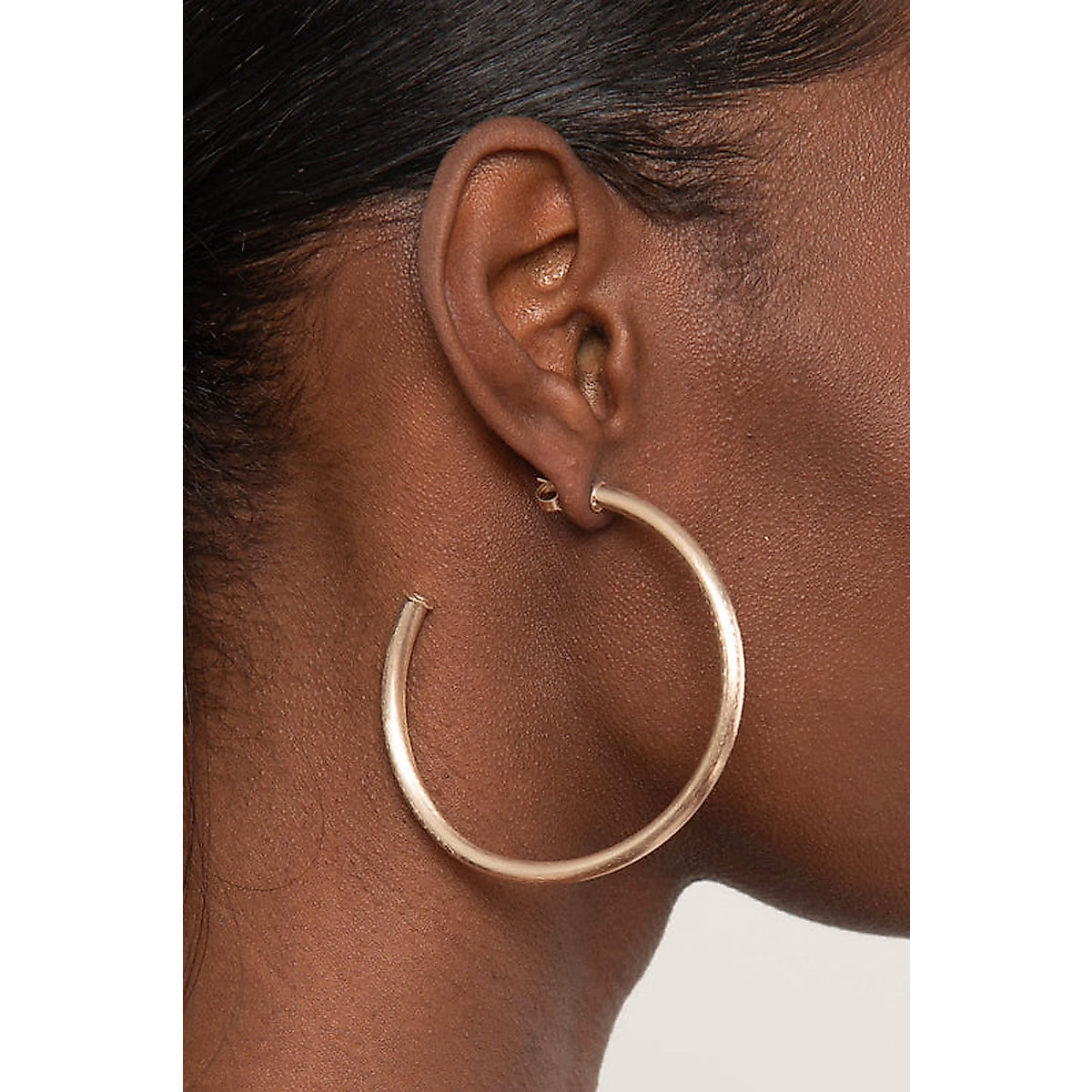 Sheila Fajl Everybody's Favorite Large 2.5 Inch Tubular Lightweight Hoop Earrings in Brush Champagne. 18k Gold and 18k Rose Gold Metal Plated