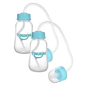 Tinukim iFeed 4 Ounce Self Feeding Baby Bottle with Tube - Handless Anti-Colic Nursing System, Blue - 2-Pack