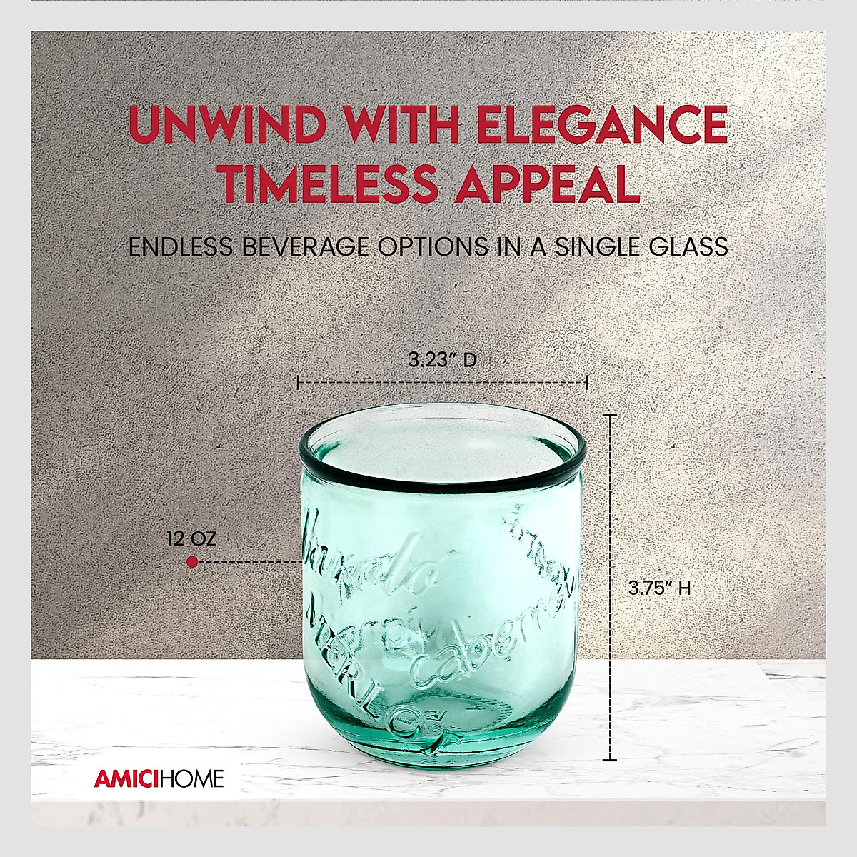 Amici Home Vino Stemless Wine Glasses | 12 Oz | Italian Made, Recycled Green Glass | Cute Water Tumblers for Wine, Beer, Juice, Cocktails, Fresh Drinks (Set of 4)