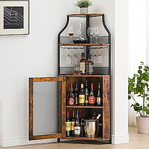 Amyove Corner Wine Bar Cabinet with Detachable Wine Rack, Industrial Wine Cabinet with Glass Holder, Small Sideboard and Liquor Coffee Bar Cabinet with Mesh Door, ‎Retro Brown