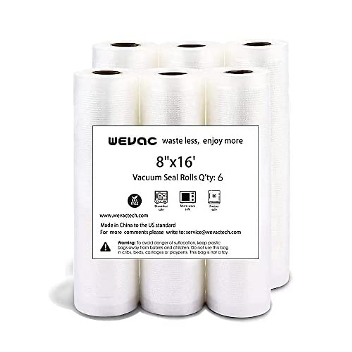 Wevac Vacuum Sealer Bags 8x16' Rolls 6 pack for Food Saver, Seal a Meal, Weston. Commercial Grade, BPA Free, Heavy Duty, Great for vac storage, Meal Prep or Sous Vide