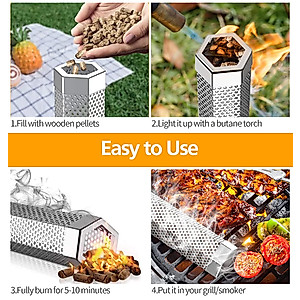 Pellet Smoker Tube, 2 Pack Smoker Tube with Butane Torch and 2 Hooks 2 Brushes, Smoker Tube for Cold/Hot Smoking (2 Pack 12'' Smoker, Butane Gas Not Included)