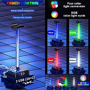 RGB Headphone Stand with USB Charger COZOO Desktop Gaming Headset Holder Hanger with 3 USB Charger and 2 Outlets - Great for Gaming, DJ, Wireless Earphone Display,Gamer PC Accessories Boyfriend Gifts