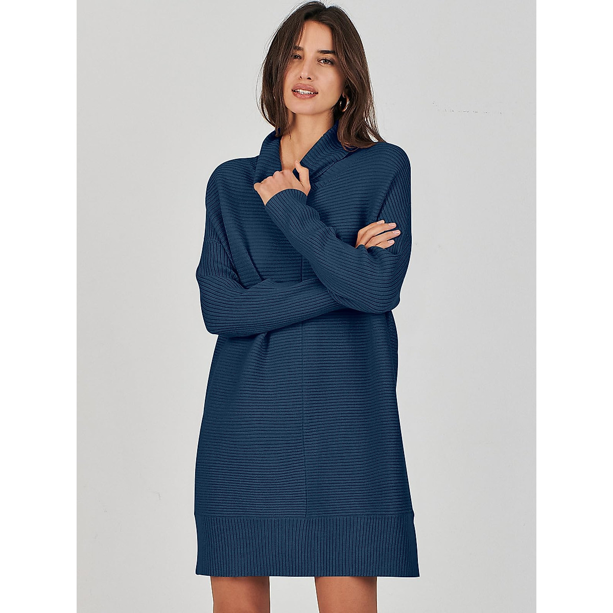 ANRABESS Women's Oversized Turtleneck Sweater Dress Pullover Batwing Sleeve Split Hem Tunics Fall Casual Short Dresses Dark Blue