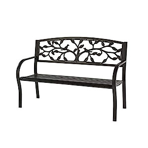 Plow & Hearth Weatherproof Tree of Life Outdoor Bench | Holds Up to 300 lbs | Garden Patio Porch Park Deck | Metal | Black