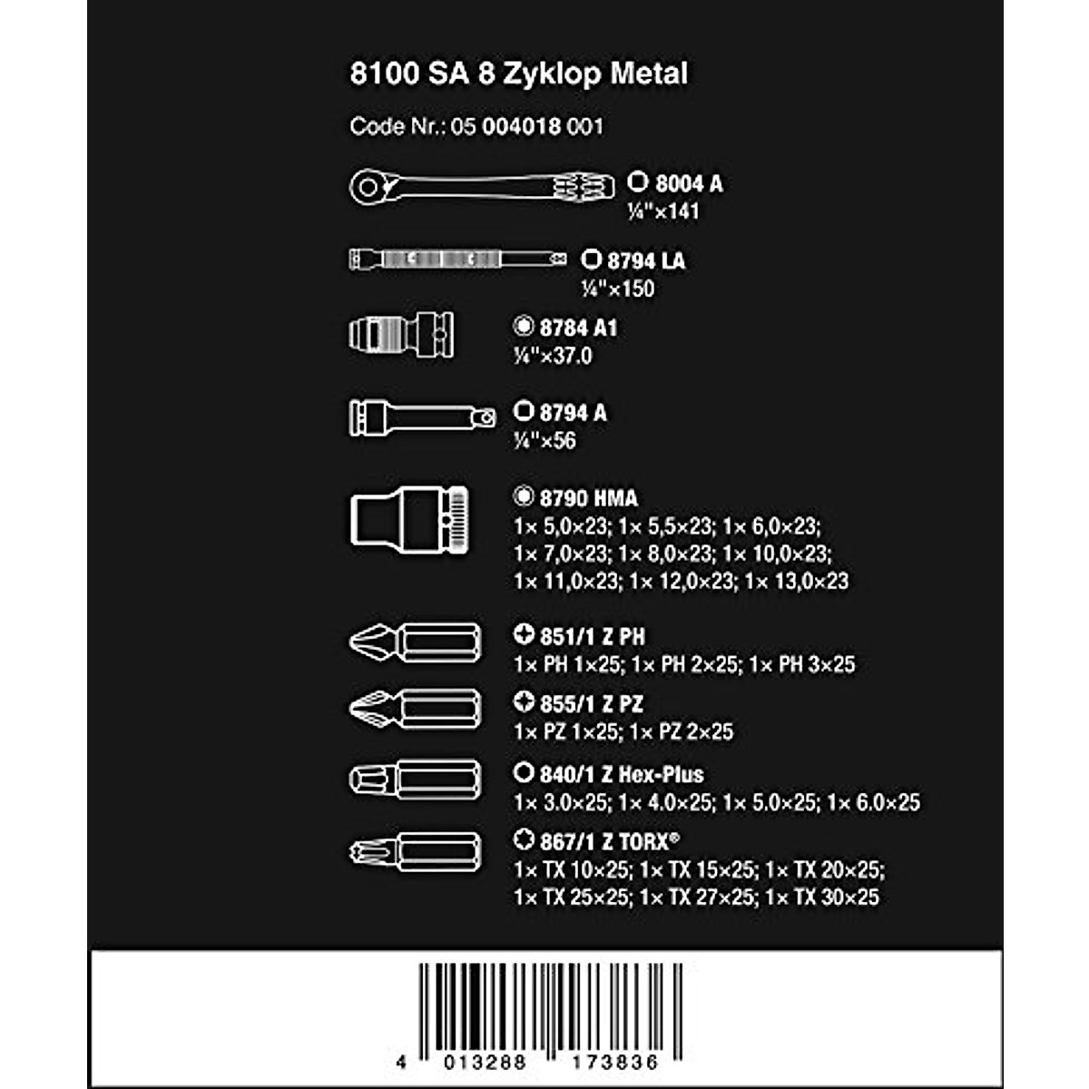 Wera 05004018001 8100 SA 8 Zyklop Metal Ratchet Set with Switch Lever, 1/4" Drive, Metric, 28 Pieces