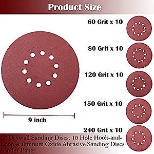Tonmp 50 PCS 9-Inch 10-Hole Hook-and-Loop Sanding Discs for Drywall Sander -10 Pack Each of 60 80 120 150 240 Grits Sander Paper