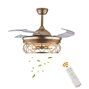 BILPIKOGoo 42" Retractable Ceiling Fans with Lights, Farmhouse Industrial Ceiling Fan, Caged Fandelier Ceiling Fans with Remote, 6 Wind Speeds, for Kitchen Bedroom Living/Dinning Room