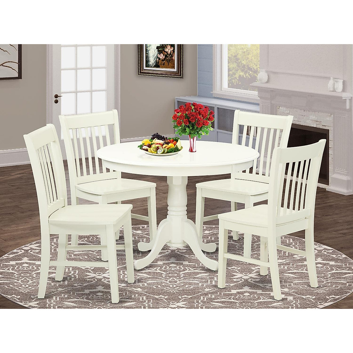 East West Furniture HLNO5-LWH-W 5 Piece Dining Table Set for 4 Includes a Round Kitchen Table with Pedestal and 4 Dinette Chairs, 42x42 Inch, Linen White
