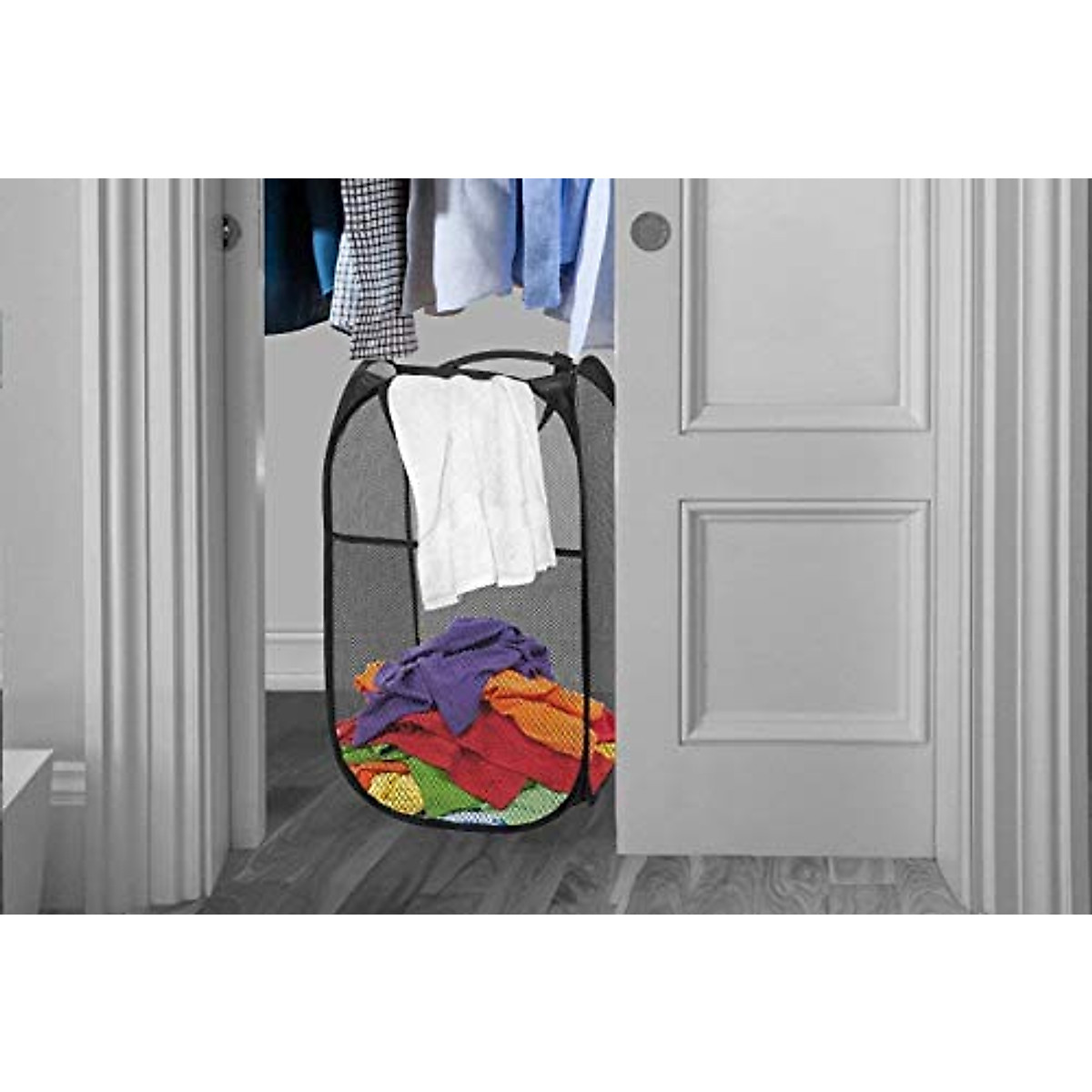 Laundry Hamper for Clothes - Mesh Pop Up Laundry Basket Bag, Portable Collapsible Folding Hampers with Carry Handles, fit College Dorm, Bedroom, Travel, Kids Room (Black)