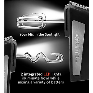 Gourmia GHM2530 Illuminating Electric Hand Mixer with 6 Speeds + Turbo Mode - Powerful 300-Watt Motor - Integrated LED Spotlight - Includes Beater Whisks & Dough Hooks