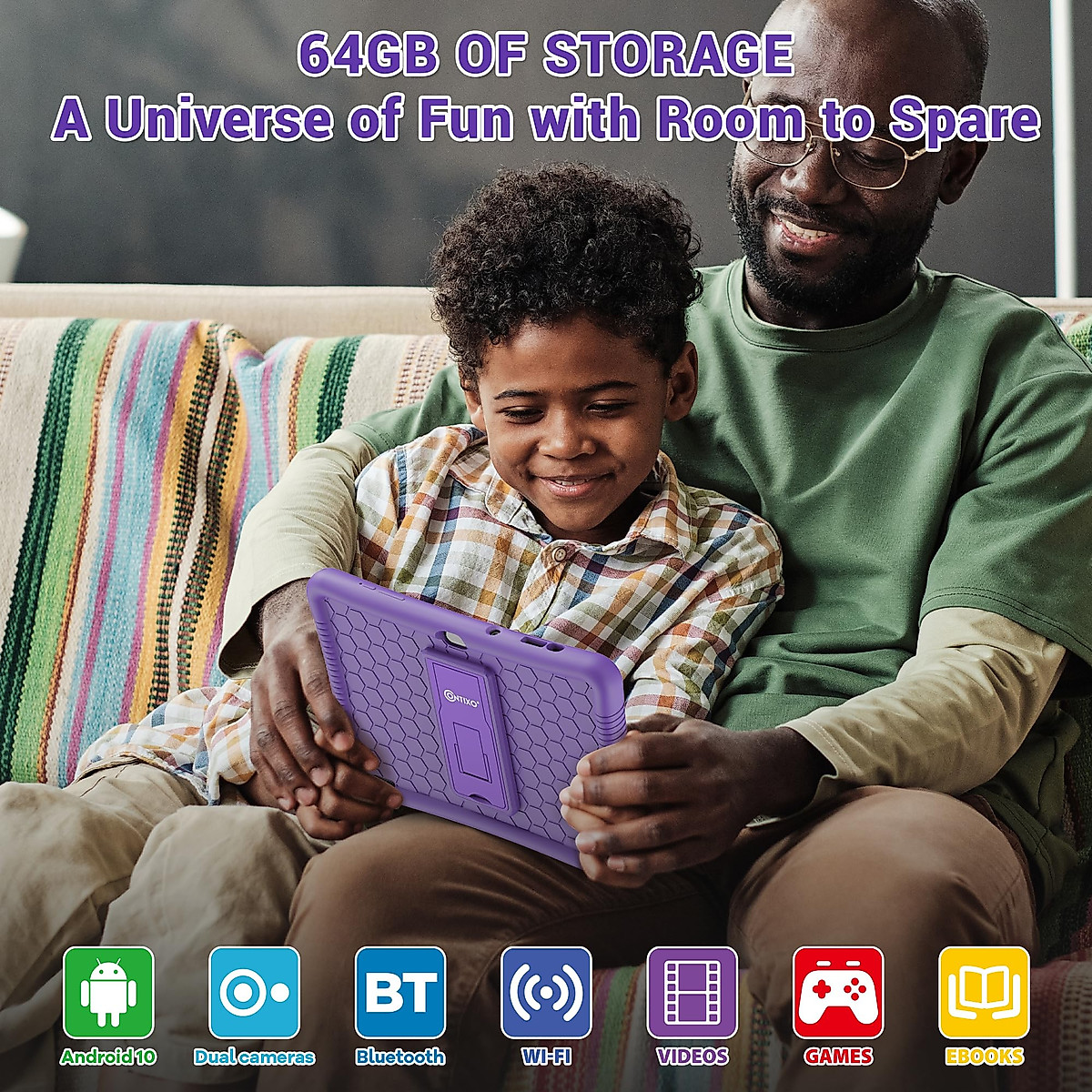 Contixo Kids Tablet K102-10-inch HD, Ages 3-7 Toddler Tablet, Parental Control, Android 10, 64GB, WiFi, Learning Tablet for Children with Disney E-Book Pre-Installed, Kid-Proof Case, Purple