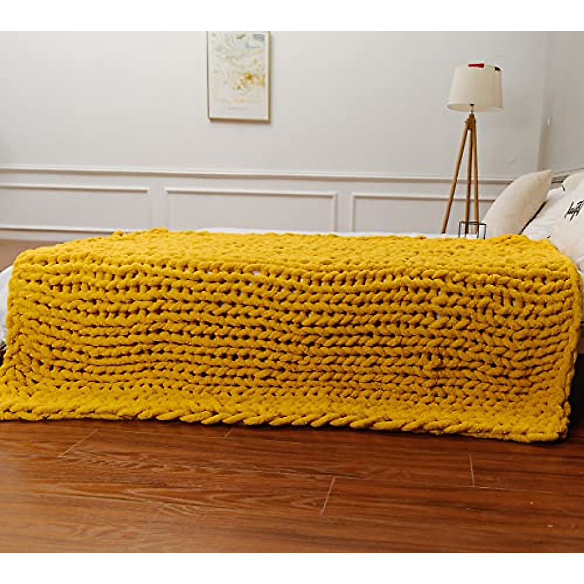 DIRUNEN Chunky Knit Luxury Throw Blanket Large Cable Knitted Premium Soft Cozy Chenille Bulky Blankets for Cuddling up in Bed, on The Couch or Sofa Yellow 79"×79"