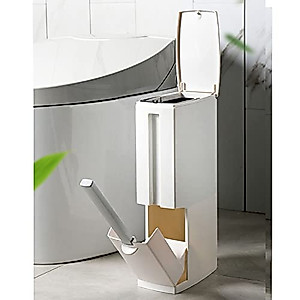 COMODID Slim Plastic Trash Can 1.3 Gallon, Trash can with Toilet Brush Holder for RV, 5 Liter Garbage Can with Press Top Lid, White Rectangular Modern Waste Can for Bathroom, Ivory
