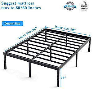 IBEDMAZIE Queen Bed Frame 14 Inches Heavy Duty Platform Metal Bed Frames Queen Size with Storage Space Support 3500lbs Bedframe Non-Slip Noise Free Black Queen-Size Bed Frame No Box Spring Needed