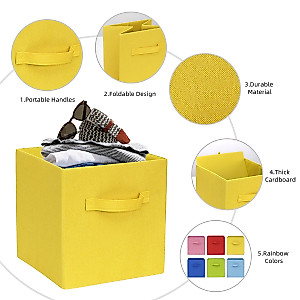 11x11 Collapsible Storage Bins, Cubby Storage Boxes with Handles for Organizing Shelf Closet, Home Decor, 2 Pack, Yellow
