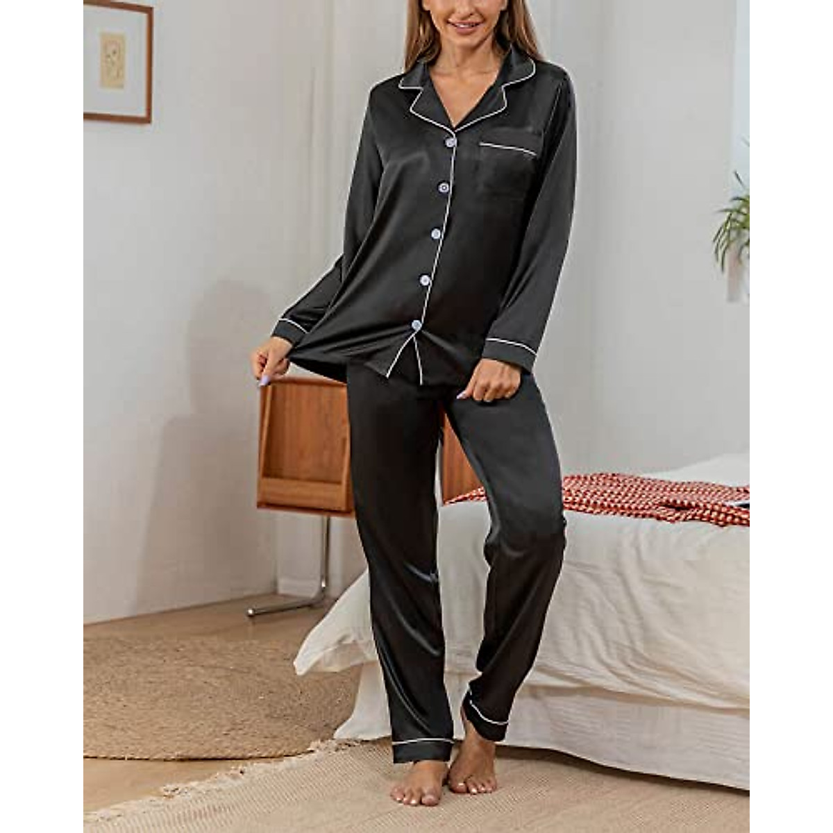 YIMANIE Womens Pajamas Silk Satin Pajama Sets for Women Soft Button Down Womens Loungewear Set with Pockets Black