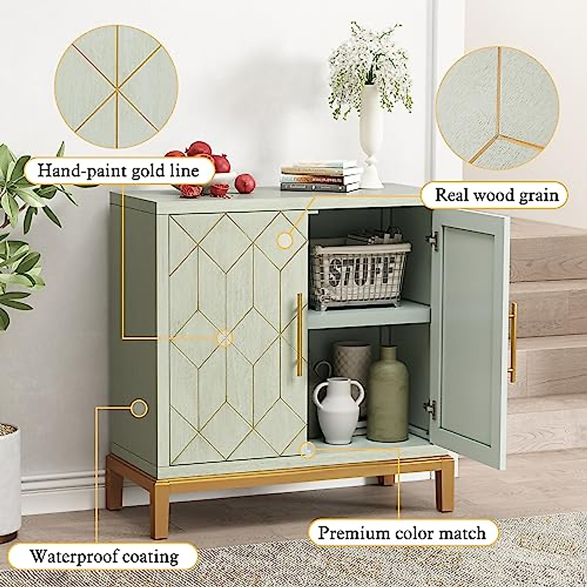 ARTPOWER Accent Cabinet with Doors, Modern Wooden Sideboard, Carved Decorative Storage Cabinets for Bedroom, Living Room, Kitchen, Office, and Hallway, Green with Gold Legs