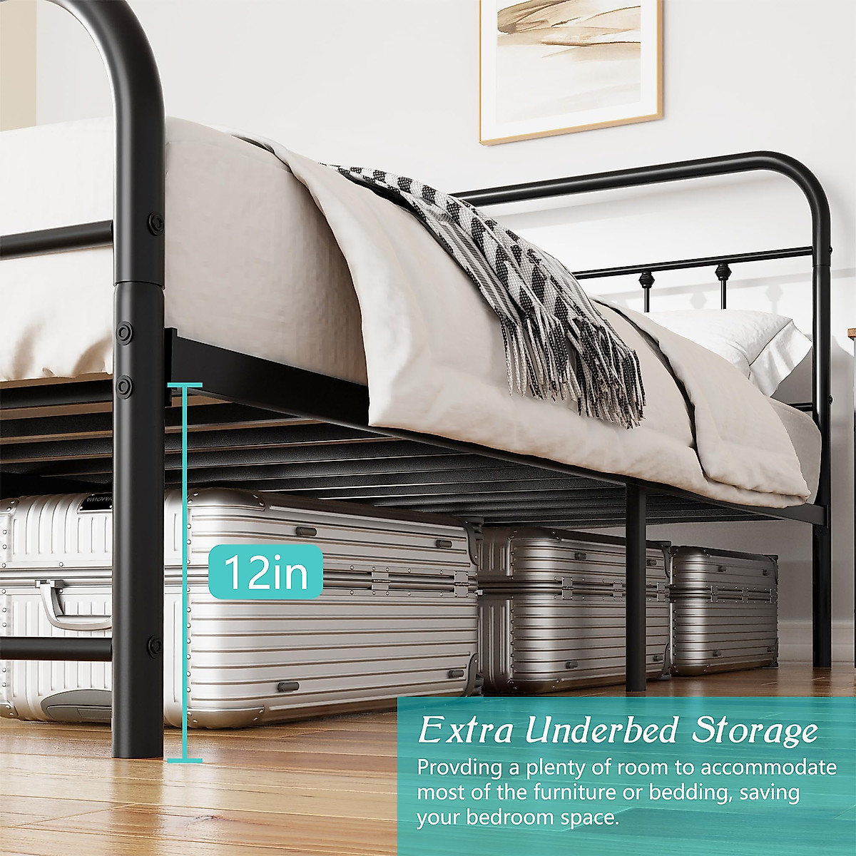 Walsunny Classic Metal Platform Bed Frame Mattress Foundation with Victorian Style Iron-Art Headboard/Footboard, Under Bed Storage, No Box Spring Needed, Twin Size