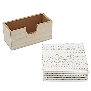 Set of 6 White Wooden Coasters with Holder for Drinks, Coffee Table, and Floral Farmhouse Decor (3.8 Inches)
