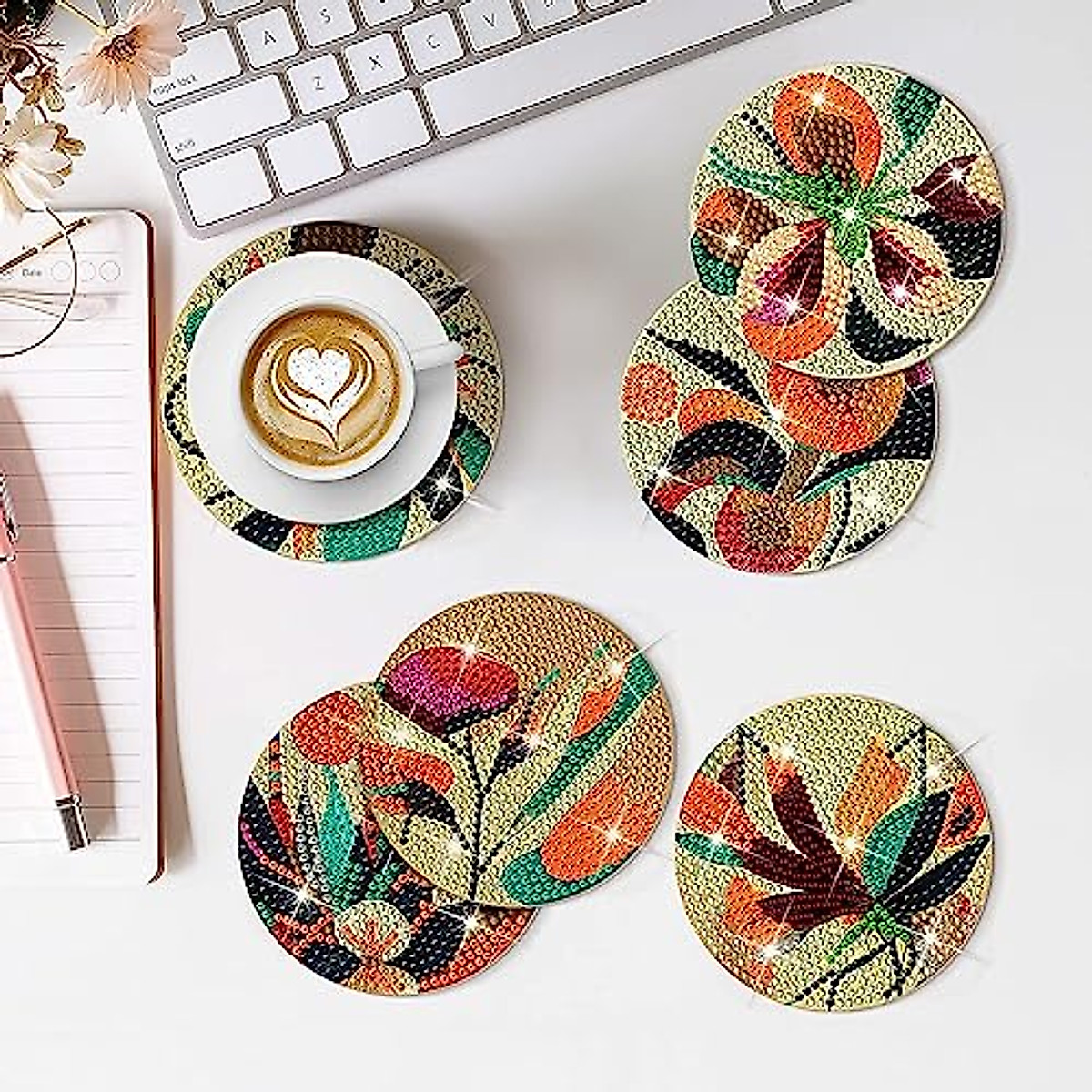 8 Pcs Painted Leaves Diamond Art Painting Coasters Kits with Holder DIY Leaves Diamond Art Coaster Non Slip Coaster for Adults Diamond Painting Kits Supplies