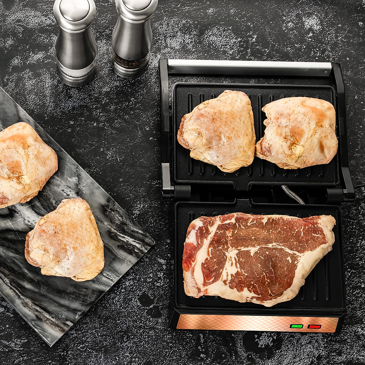 Ovente Electric Indoor Panini Press Grill with Non-Stick Cooking Plate, 1000W Thermostat Control and Removable Drip Tray for Easy Clean, Ideal 2-Slice Sandwich Maker for Breakfast, Copper GP0620CO