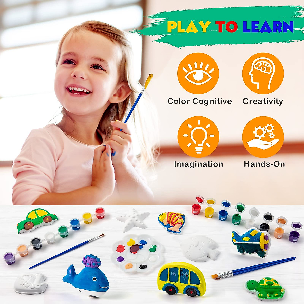 Tigerhu Arts and Crafts for Kids,27 Painting Figurines, 2 x 8 Colors of Paint, 4 Pens Paint Brush, 1 Palette, 2 Magnets and 27 Stickers, Painting Kit DIY Toys Kids Gifts for Ages 4, 5, 6, 7, 8