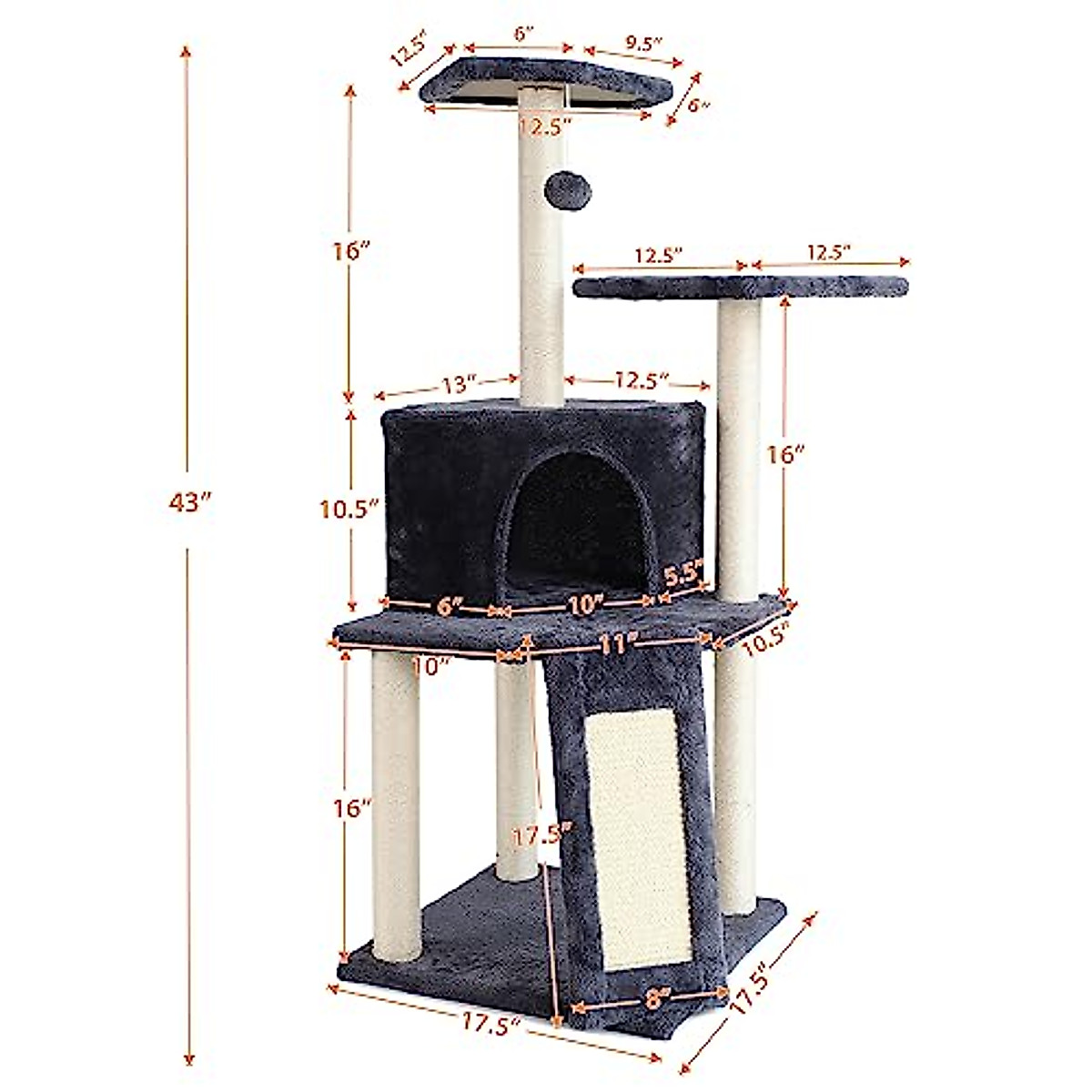 KSIIA Cat Tree for Indoor Cats 43 Inch Tall Cat Climbing Tower with Sisal-Covered Scratching Post & Board Modern Kittens Activity Condo House with Plush Perch, Grey