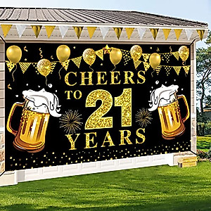 Happy 21st Birthday Banner Decorations, Black Gold Cheers to 21 years Backdrop Party Supplies, 21st Anniversary Photo Booth Poster Sign Decor (72.8 x 43.3 Inch)