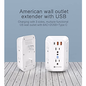 Outlet Extender and USB Wall Charger, 6 Outlets, 2 USB Ports and 1 USB-C Port Surge protector. Multi-outlet for Home, Office, Travel