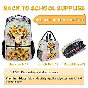 Homexzdiy Giraffe Backpack with Lunch Box Set for Girls Boys, 3 in 1 School Backpacks Matching Combo, Cute Yellow Bookbag and Pencil Case Bundle