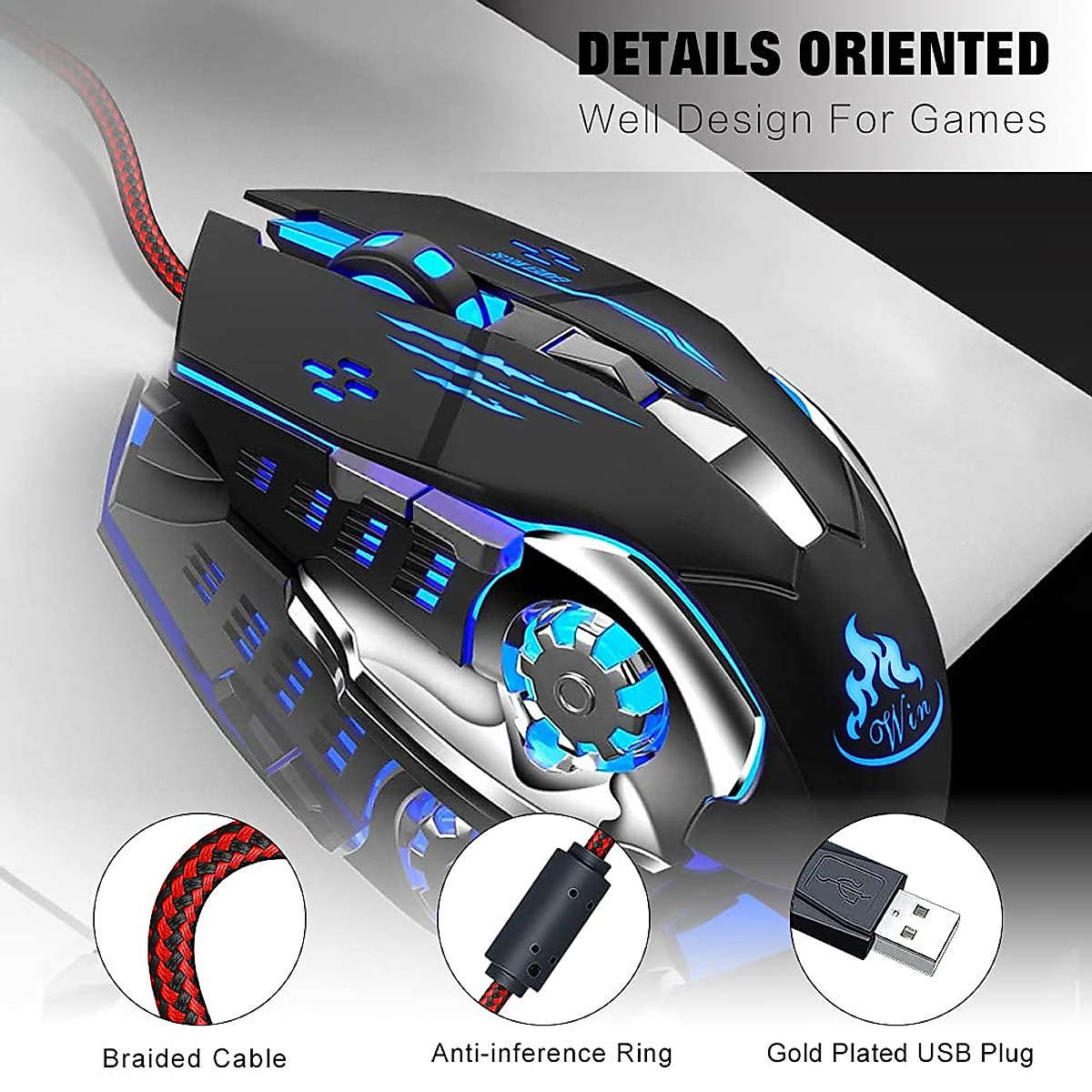 Jeercor Wired Gaming Mouse for Gaming and Daily DPI Four Gears Adjusted to 3200 Ergonomic Mouse with Comfortable Handle Suitable for PC Laptop and Windows Multifunctional (Black)