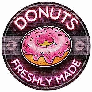 Lenrius nobrand Vintage Sign Donuts Freshly Made Home Kitchen Coffee Office Art Bar Round Tin Sign 12x12 in Wall Decoration, Pink