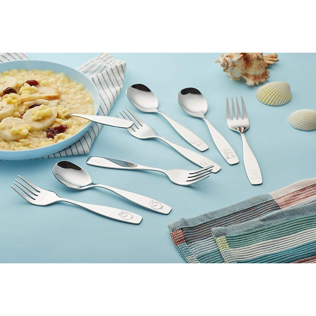 ANNOVA Kids Silverware 12 Pieces Children's Safe Flatware Set Stainless Steel - 6 x Safe Forks, 6 x Children Dinner Spoons, Toddler Utensils, Metal Cutlery Set for LunchBox (Engraved Dog Bunny) (12FS)