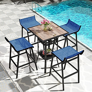 Sundale Outdoor Patio Metal Bar Stools Set of 2, Low Back Counter Height Tall Chairs, High Top Armless Pub Seat Barstools for Outside Porch Yard Deck Balcony, Modern Blue