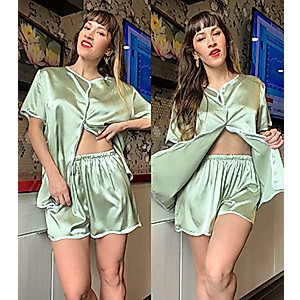eshion Satin Pajamas for Teen Girls Satin Pajama Shorts Set Notch Collar Pjs Summer Silk Loungewear (Aqua Green,L)