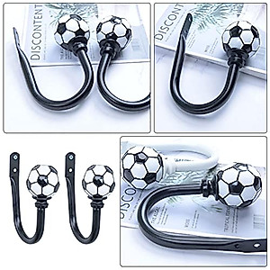 DOITOOL 2pcs U Shaped Metal Hooks with Soccer Ball Metal Hanging Hooks Adhesive Heavy Duty Coat Hooks Wall Decor Hooks for Curtains (Black)