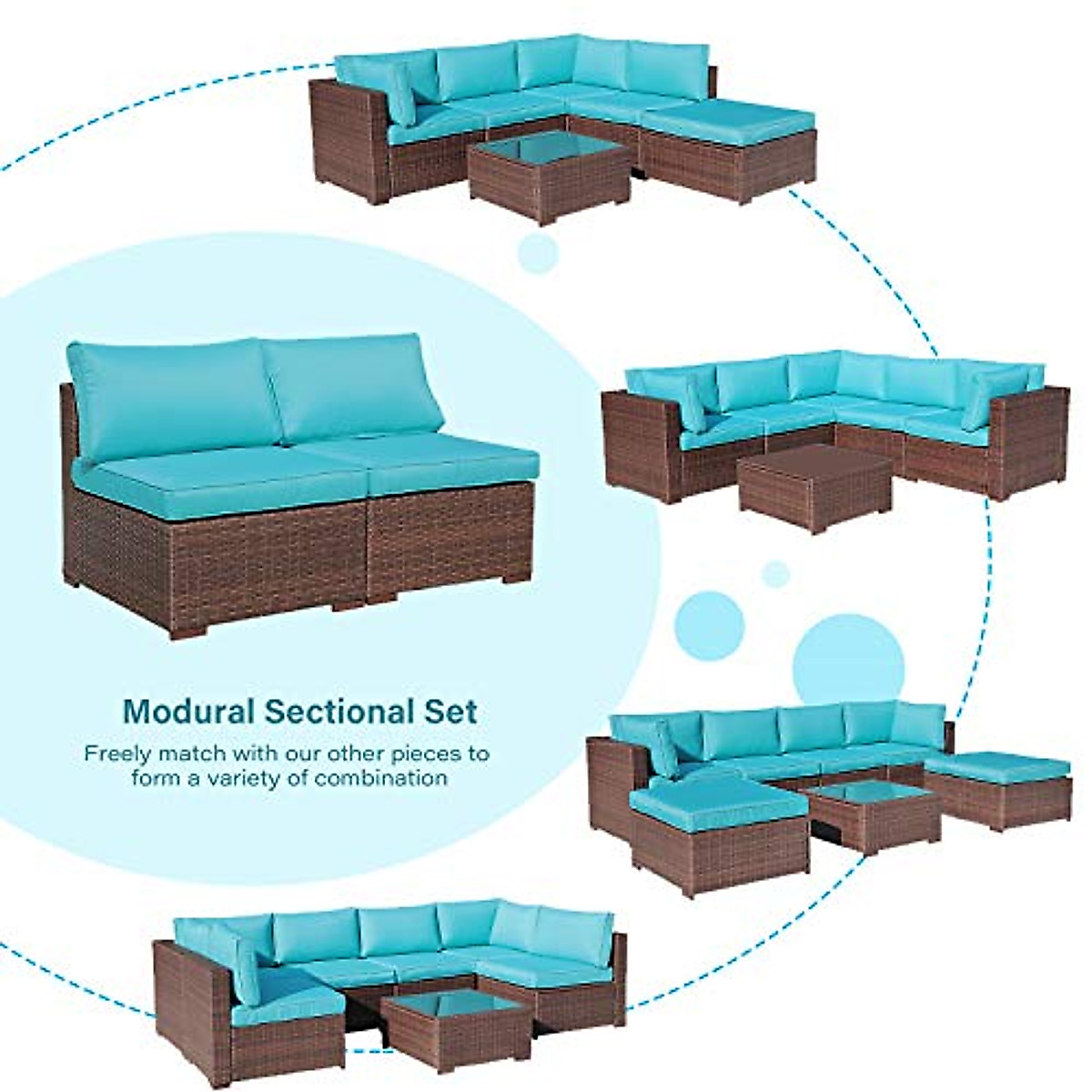 OC Orange-Casual 2 Piece Patio Wicker Armless Chair Outdoor Sofa Couch, Loveseat for Sectional Furniture Sets, Brown Wicker & Turquoise Cushion
