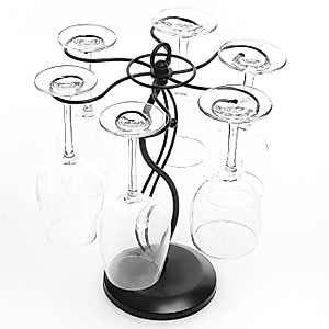 MyGift Black Metal Countertop Wine Glass Holder with Scrollwork Design, Freestanding Tabletop Stemware Storage Rack with 6 Hooks