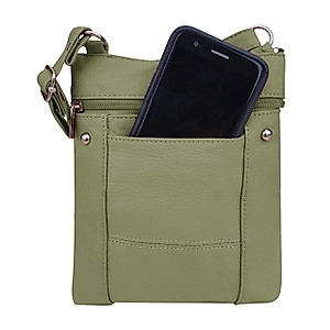 Roma Leathers Crossbody Zippered Purse - 3 Front Pockets, Adjustable Strap - Olive