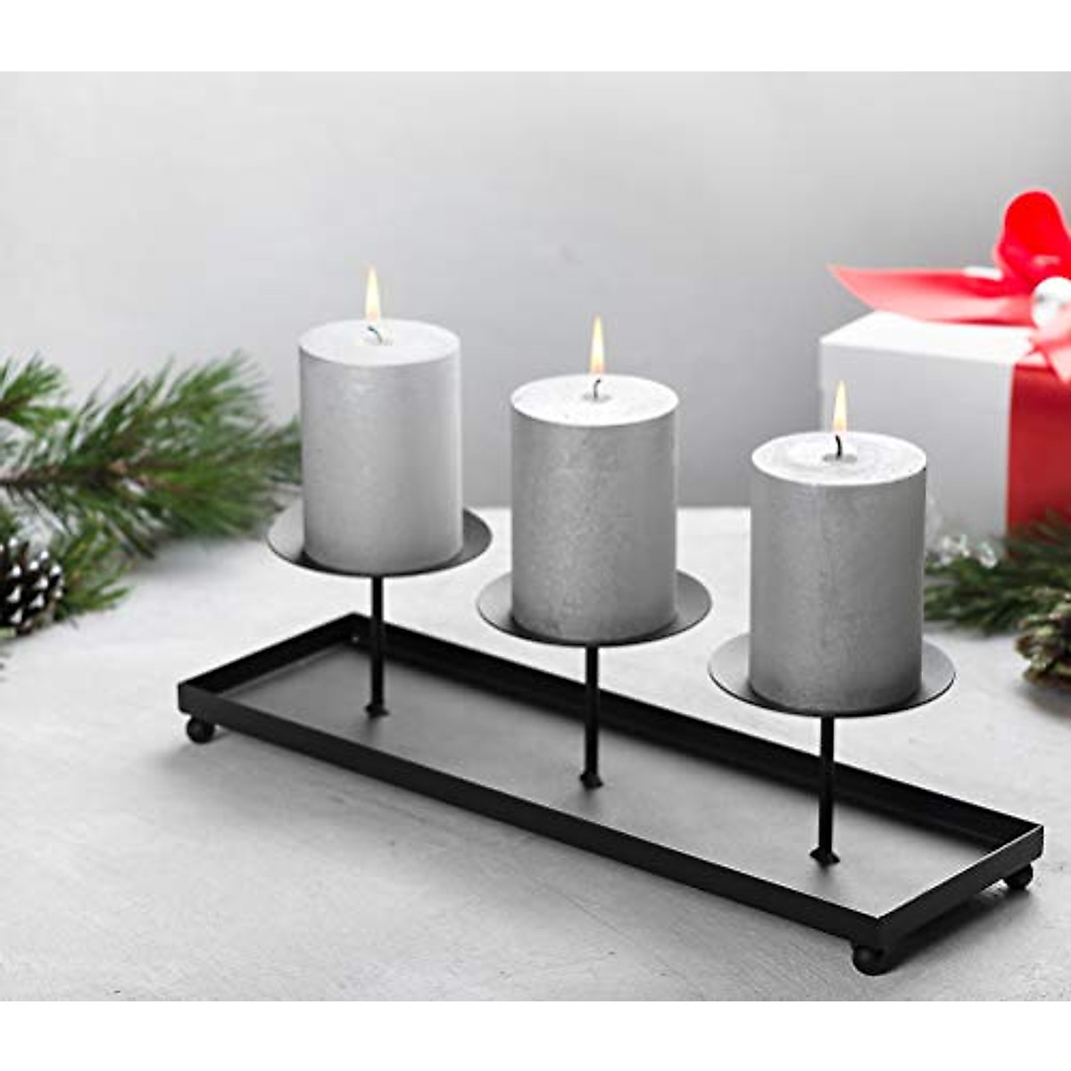 Candles Pillar Holder Tray Black Metal Base for Desk Top Decoration Table or Mantel Centerpiece in Dining & Living Room, Candelabra for Pillar & Sphere Candles, flameless LED (Set of 3)