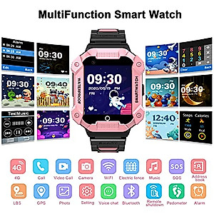 PTHTECHUS 4G Smart Watch for Kids - Smartwatch Phone with GPS Tracker,HD Camera, SOS, WiFi, Pedometer, Audio and Video Calling Voice Chat MP3 Waterproof Compatible Android and iOS for Girls Boys Gifts