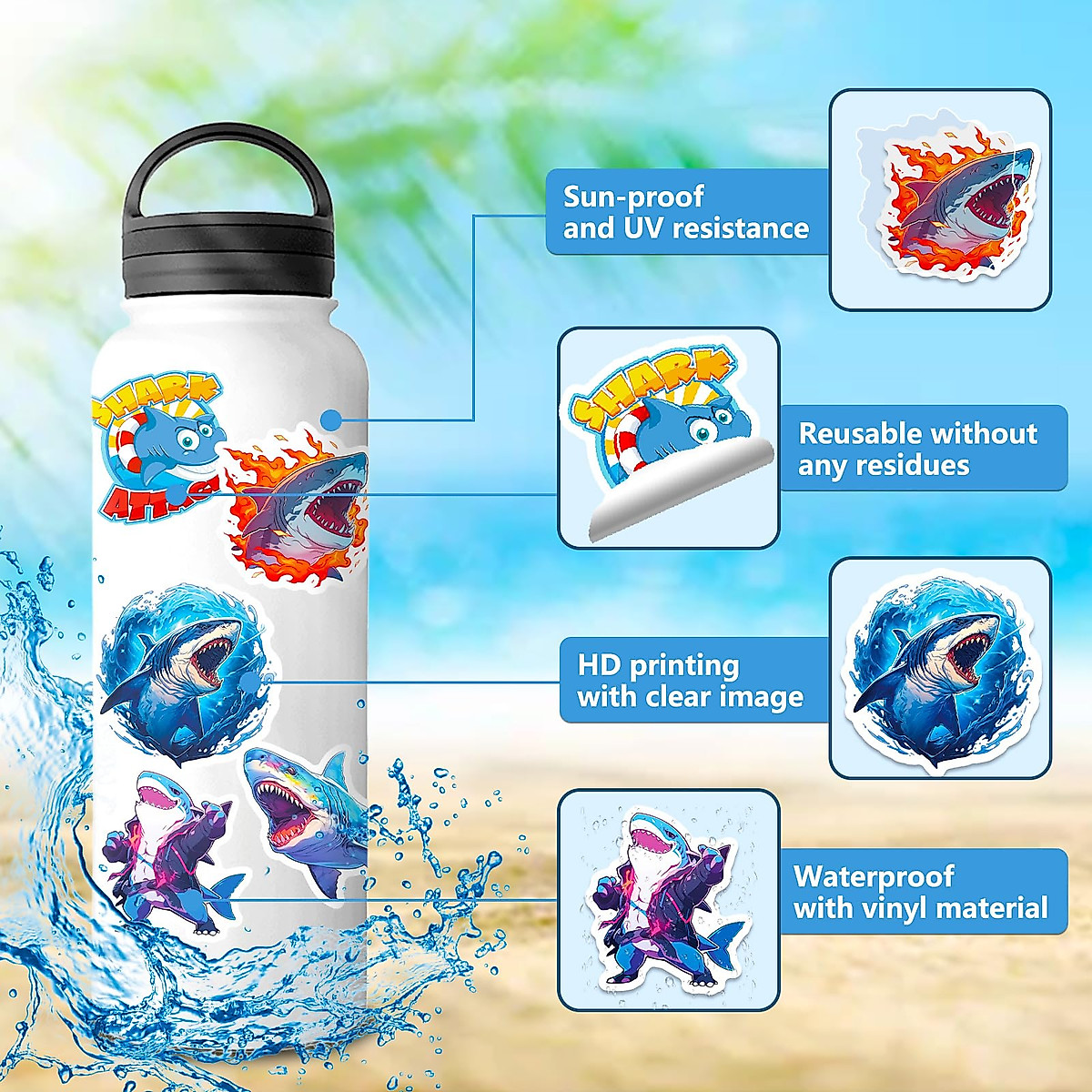 50PCS Funny Shark Stickers Sea Animal Stickers Water Bottle Stickers for Kids Cute Aesthetic Vinyl Waterproof Stickers for Laptop Scrapbooking Notebooks