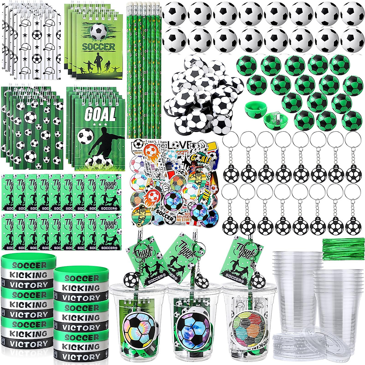 Colarr 195 Pcs Soccer Birthday Gifts Party Favors Gift Cups Pencils Mini Book Keychains Wristbands Stickers Thank You Cards Eraser Sharpener Mini Ball for Basketball Football Soccer Party