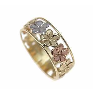 Arthur's Jewelry 14K solid tricolor yellow white rose gold Hawaiian plumeria flower lei ring 6.5mm size 6