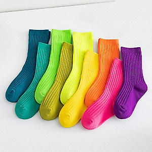 MINI PANDA Little Girl's Socks, Girls Socks Cute,girls Crew Socks 9 Pairs Pack (9 colors-2, 5-8 Years)